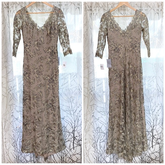 Tadashi Shoji | Dresses | Tadashi Shoji Tometi Tan Gold Green Embroidered Tulle Gown Vneck Maxi ...